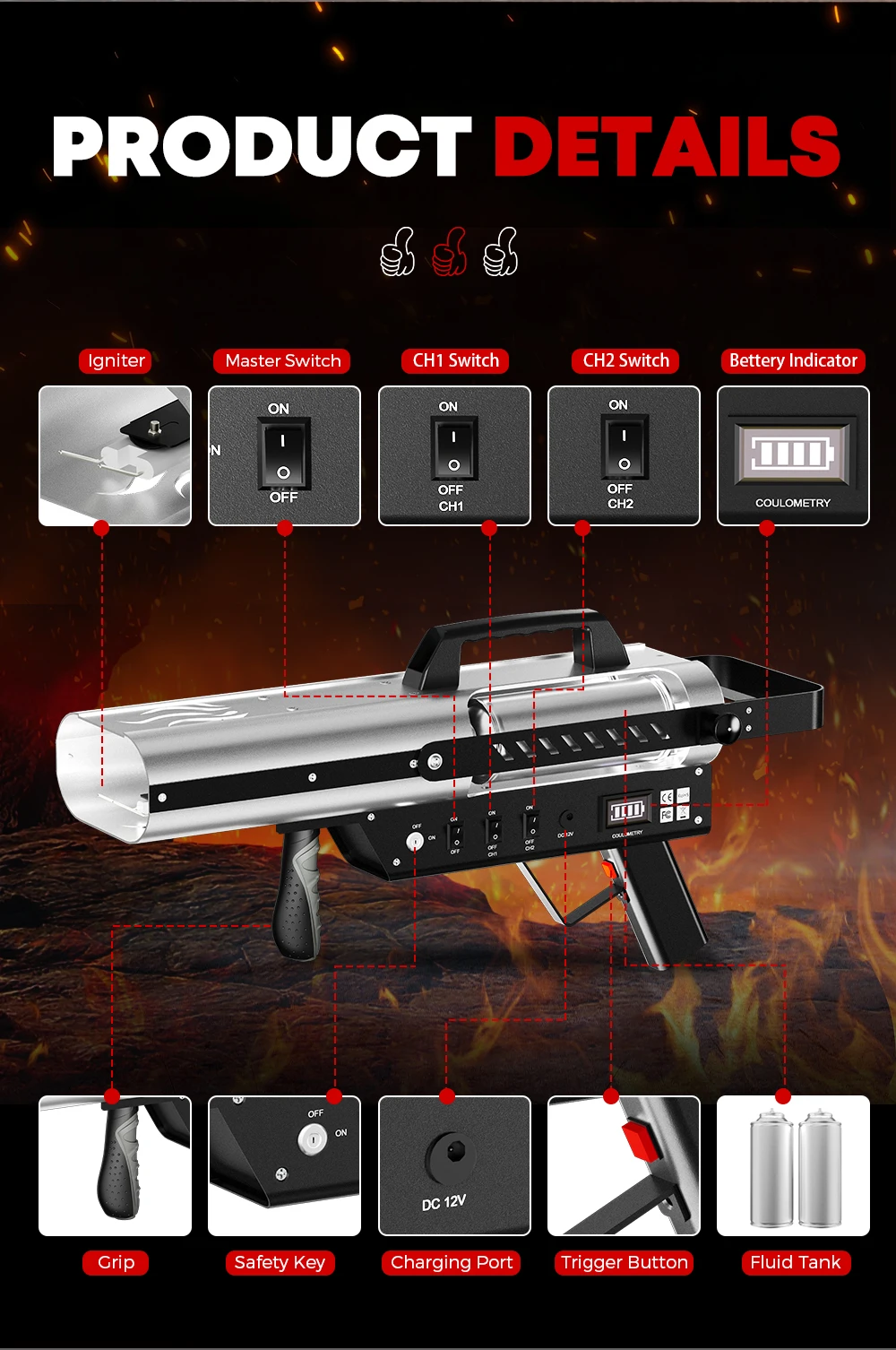 MOKA SFX 1-3m Handheld Battery Fire Thrower for DJ Events