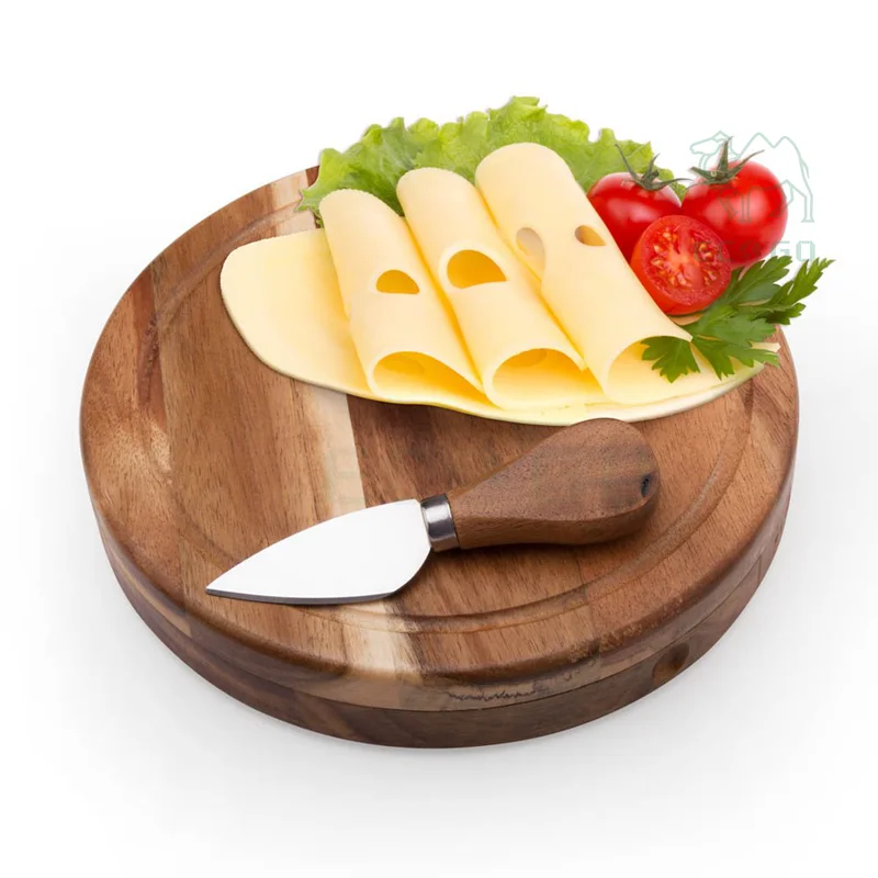 Acacia Wood Round Slide-out Bamboo Wooden Cheese Board And 3 Piece ...