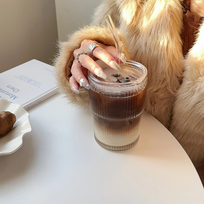 450ml Simple Stripe Coffee Glass Cup With Lid And Straw Transparent ...