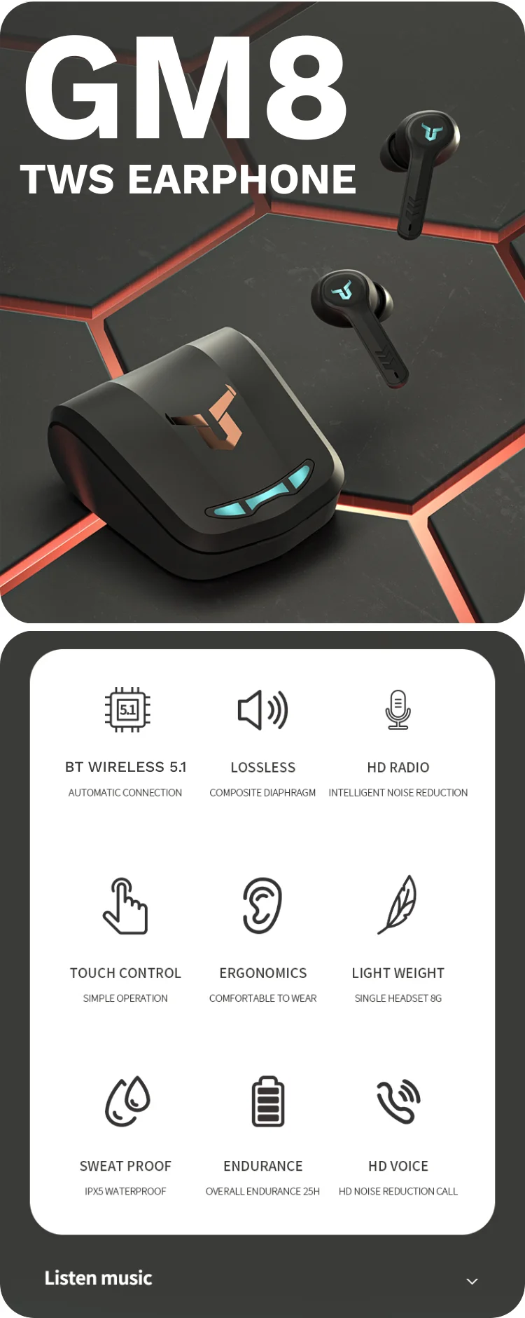 Gm8 Game Wireless Earphone Stereo Headset Mini True Wireless Earbuds Led Display Gaming In-ear ...