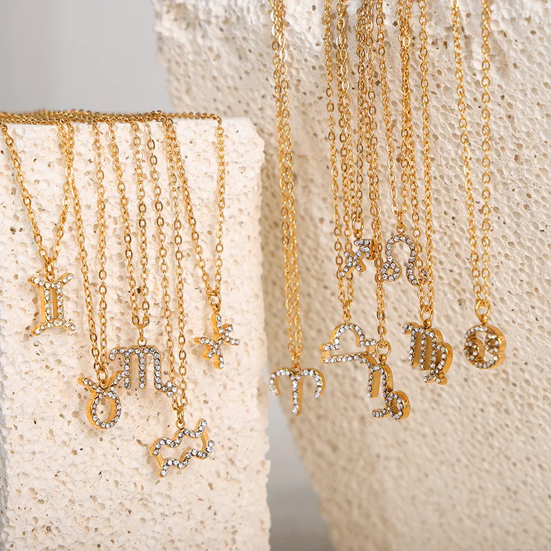 Elegant Pop Zodiac Sign Necklaces 18K Gold Stainless Steel Zircon Virgo ...