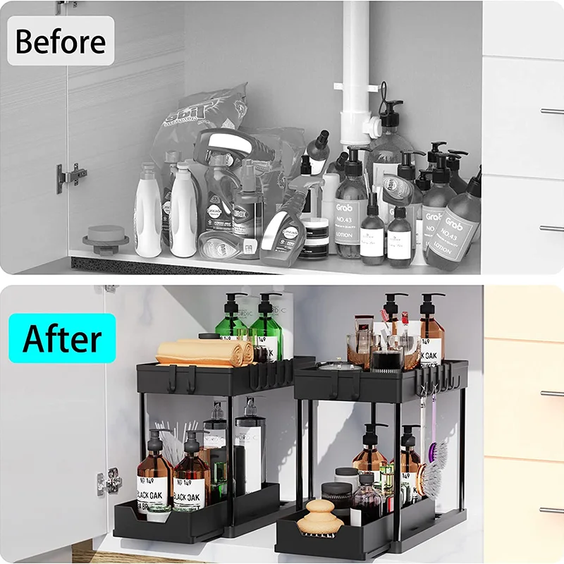 WIREKING Under Sliding Cabinet Basket Organizer 2 Tier Storage Bathroom ...