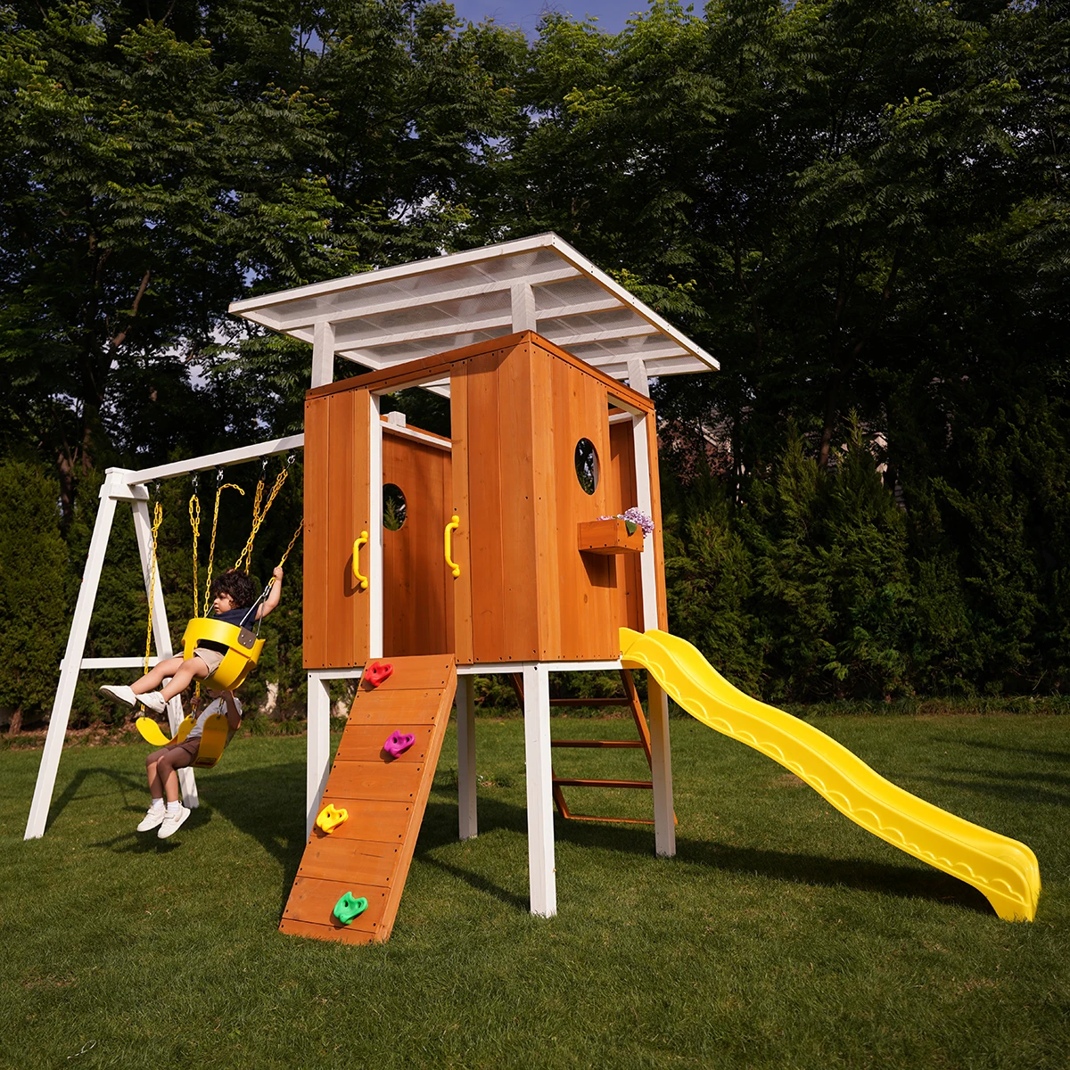 Outdoor Wooden Swing & Slide Set for Kids School Kindergarten Courtyard ...