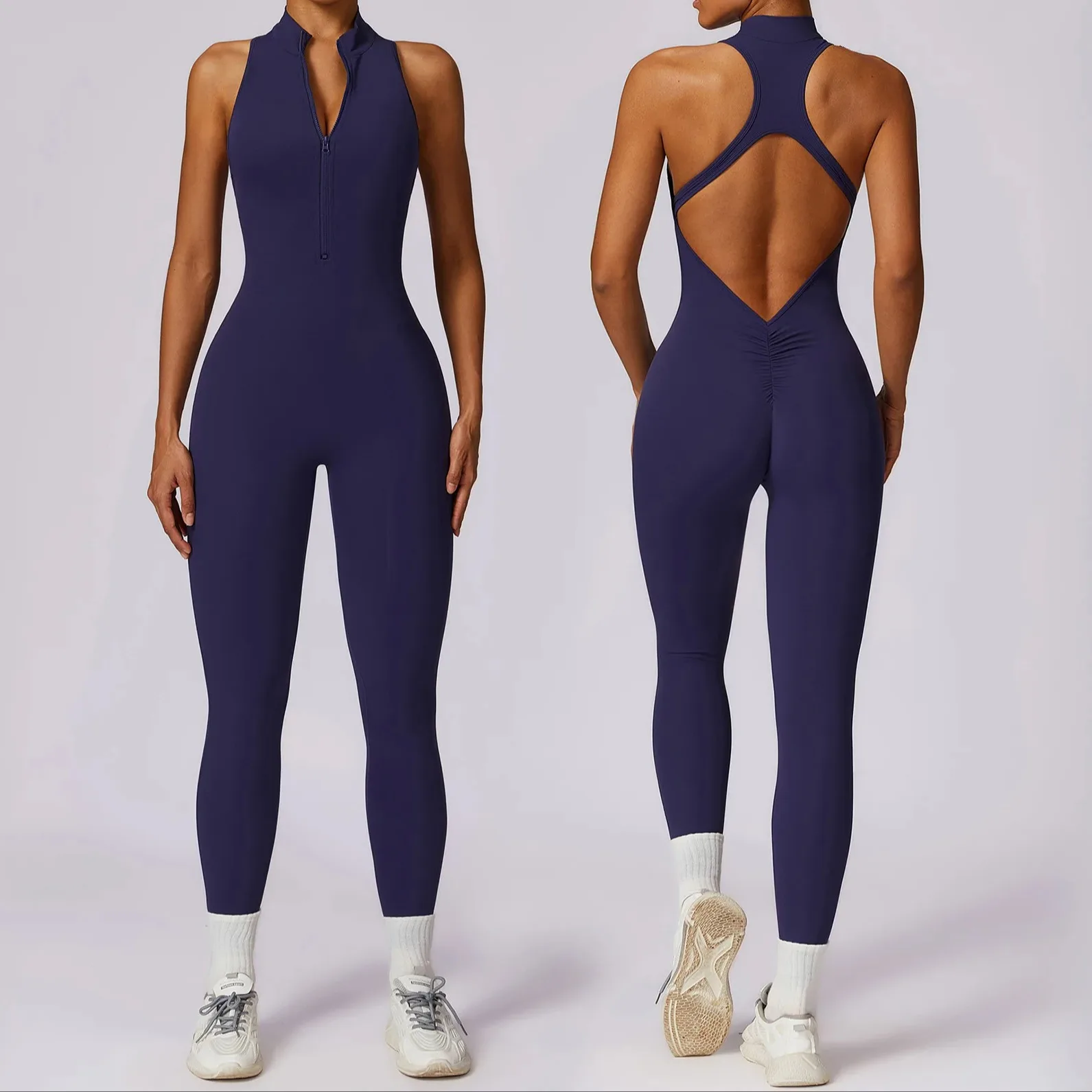 Stand Collar Zip Hollow Out Back Workout Bodysuit Quick Dry Sports ...