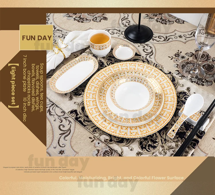 Luxury Gold and White Checkered Tableware Overglaze Color Dinner Plate ...