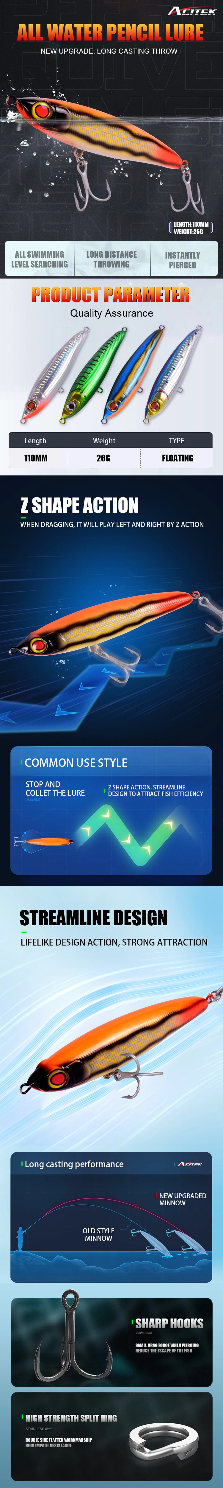 Long Stick Bait Lure Pencil Fishing Float Rattle Sinking