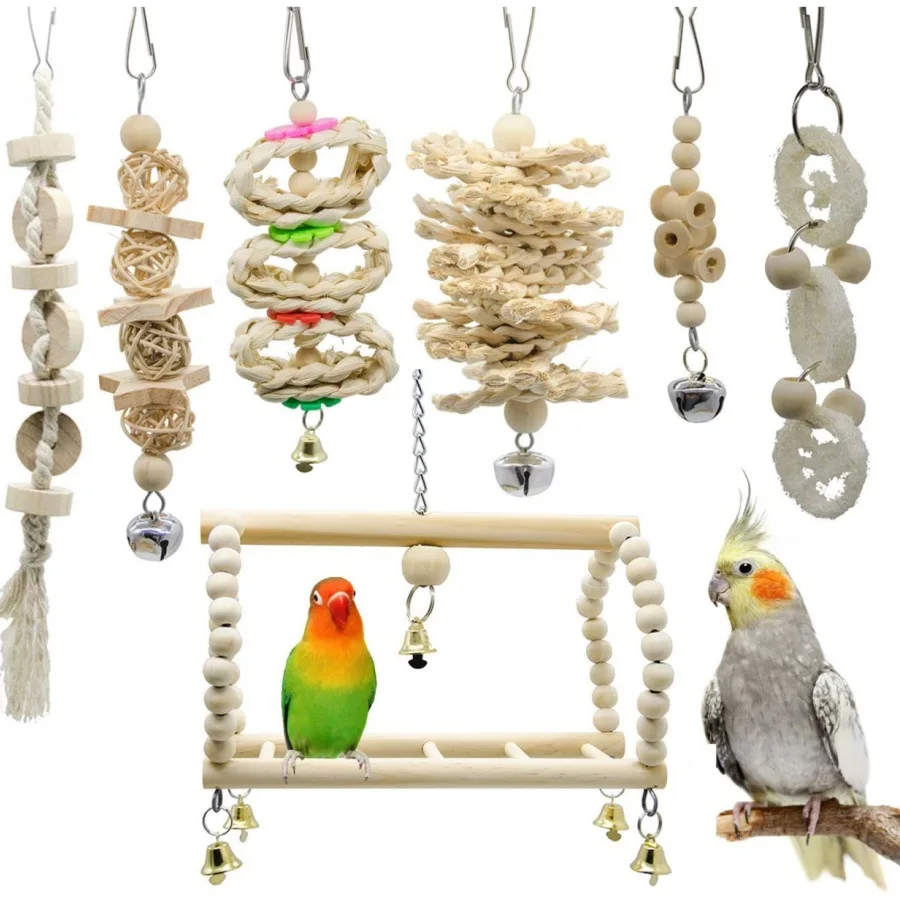 Bird Toy Set of Eight Pieces Wooden Color Bird Toy Set Chewing Toys ...