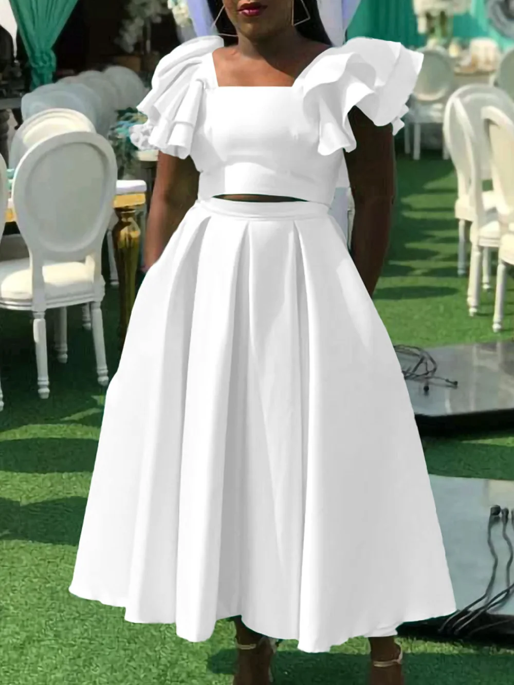 D475 Latest Design Two Piece Set Women Clothing Ruffle Sleeve Square ...