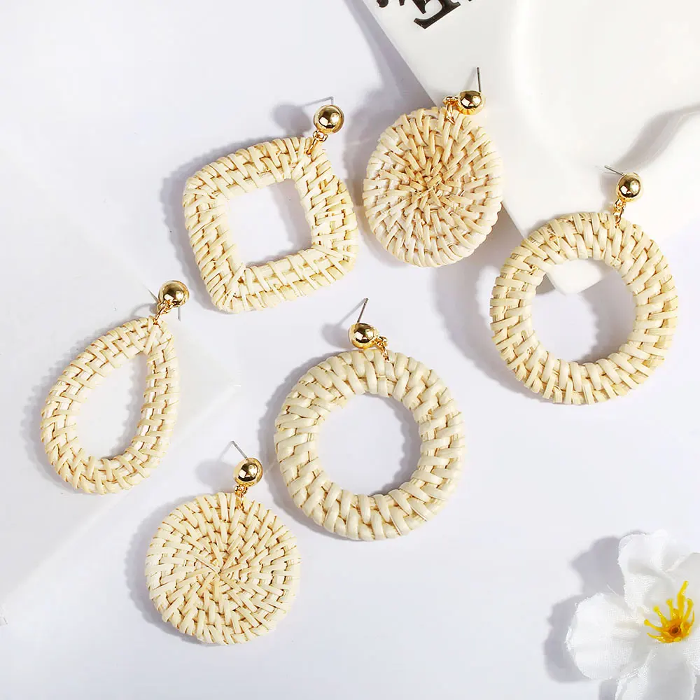 Handmade Bohemian Style Rattan Weave Geometric Pendant Earrings Fashion ...