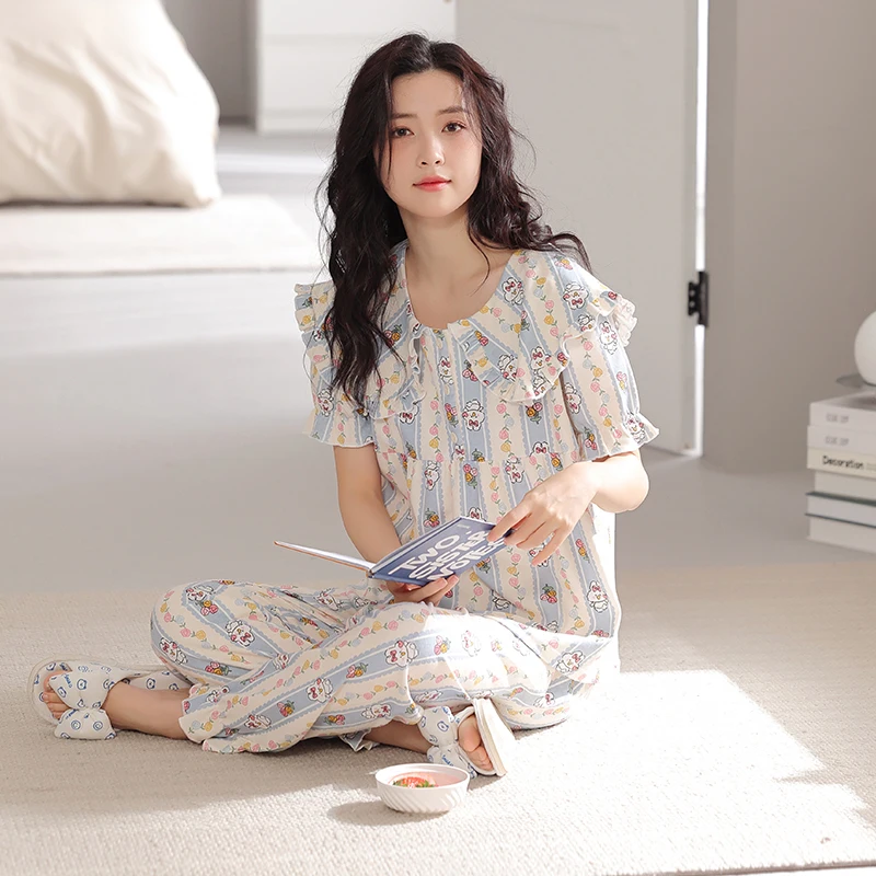Nightgown Pyjamas Short Sleeve Cotton Pijamas Mujer Nightgowns Calf ...
