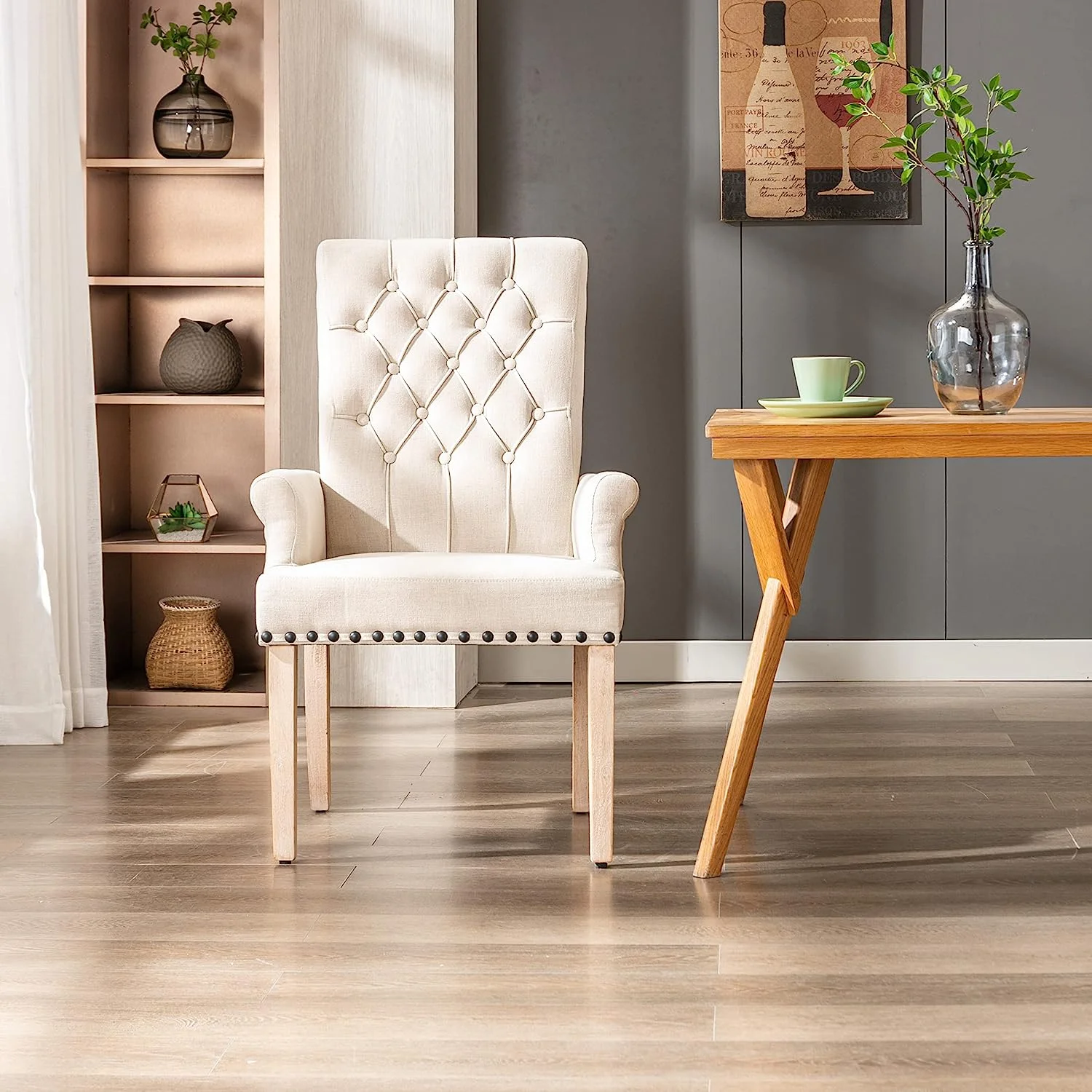 Medieval Tufted Upholstered Vintage Oak Leg Fabric Beige Home Fine ...