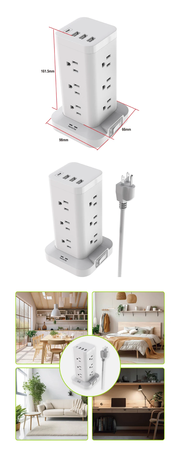 15 Amp Socket Tower Extension Cord with Usb Power Strip 12-outlet ...