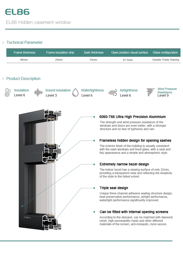 Eoss Casement windows with Retractable Screens Aluminum Window| Alibaba.com