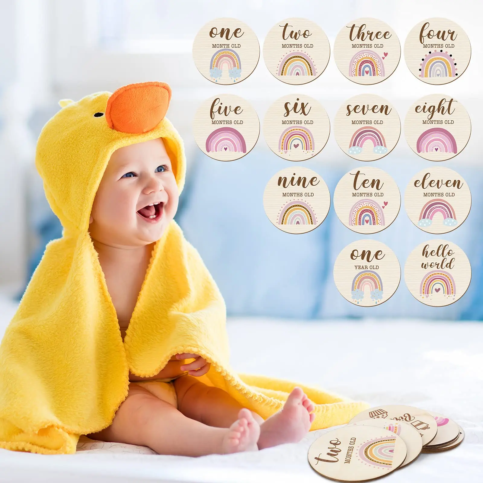 Wooden Baby Milestone Monthly Cards Discs With Rainbow Photo Props ...