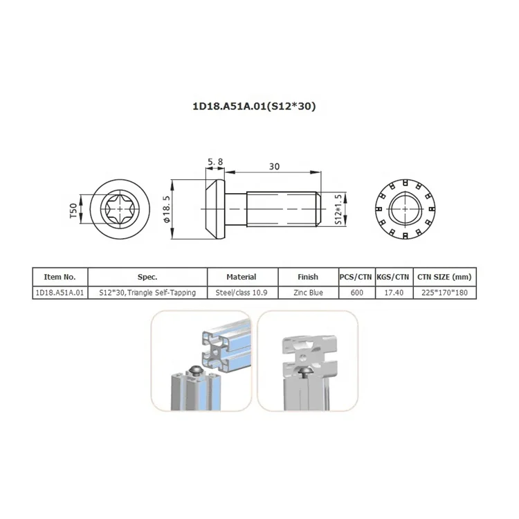 1D18.A51 S12x30 Steel Self-Tapping Screw for Aluminum Profiles