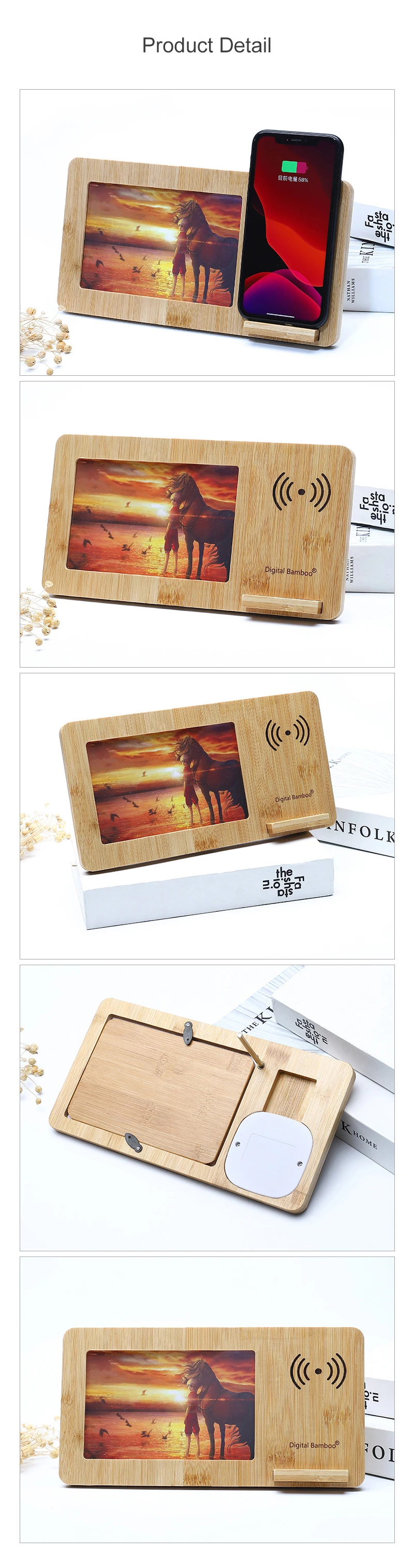 Wooden Bamboo Desk Mobile Phone Stand 10W Wireless Charger Photo Frame ...