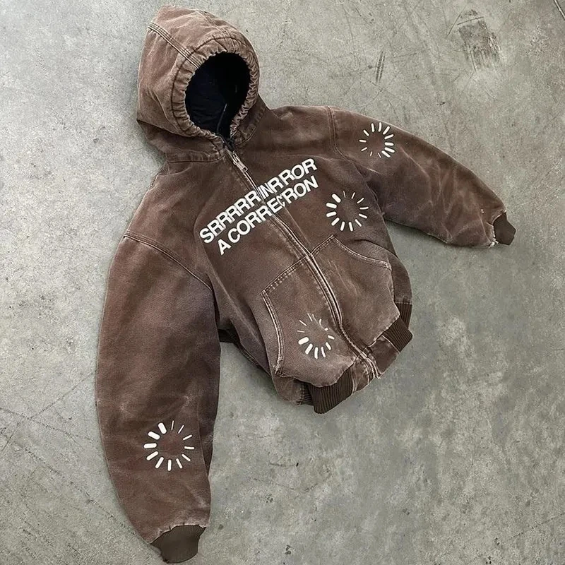 Custom Heavyweight Work Jacket Hooded Zipper Up Printed Logo Crop ...