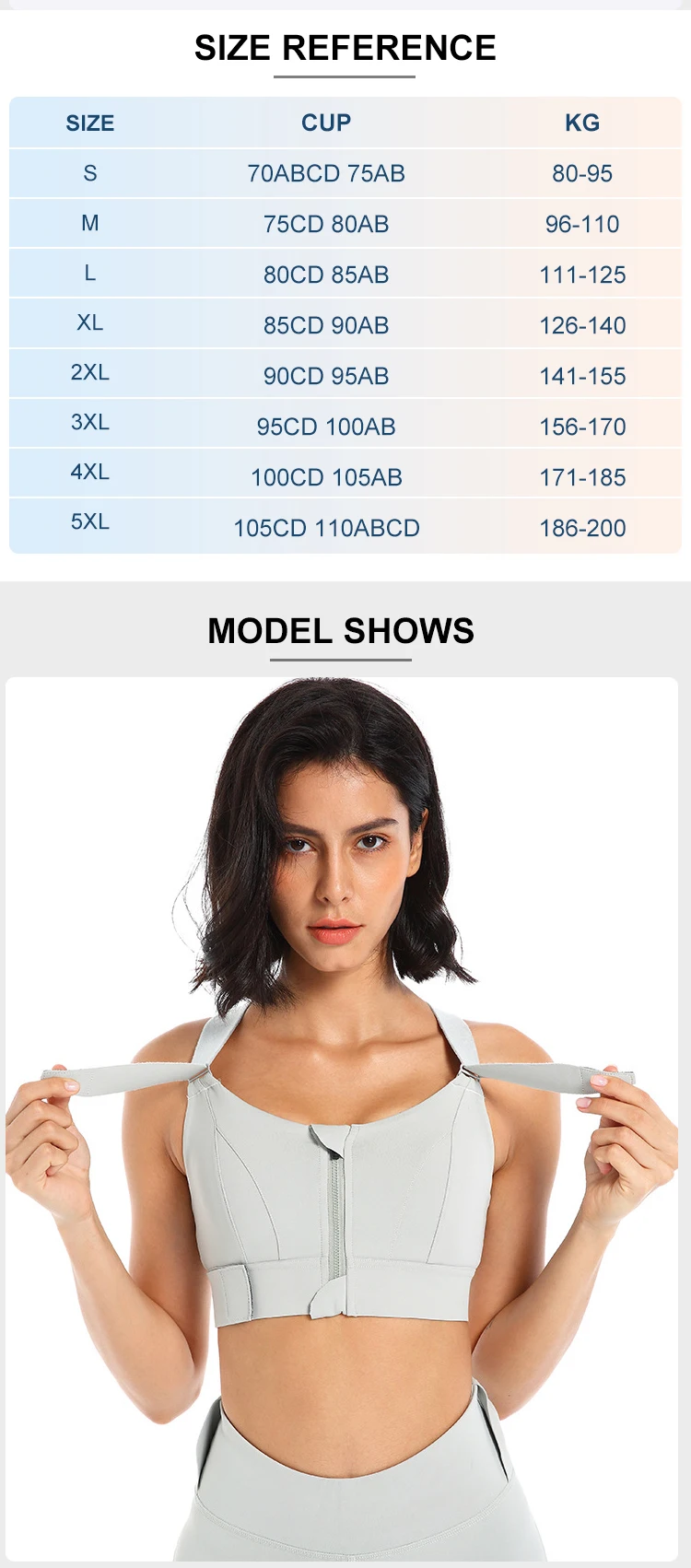 S-5xl Plus Size Front Zipper Sports Bra Adjustable Strap High Support ...