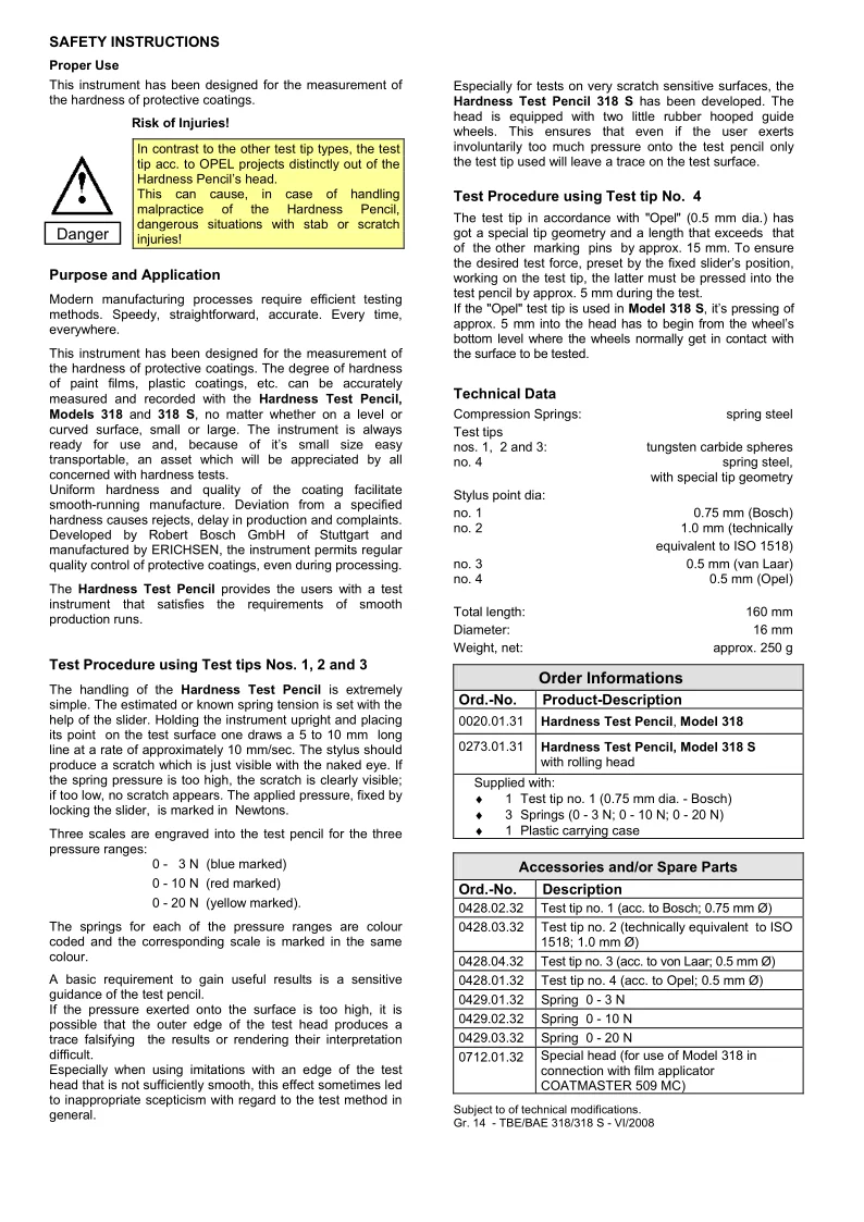 Erichsen 318s Hardness Tester Coating Scratch Instrument Spring Pen 0 ...