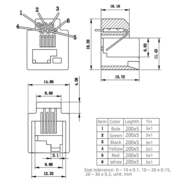 Rj11 Rj12 Left Latch Female Socket 623k Connector 6p6c Jack With 6 Core ...