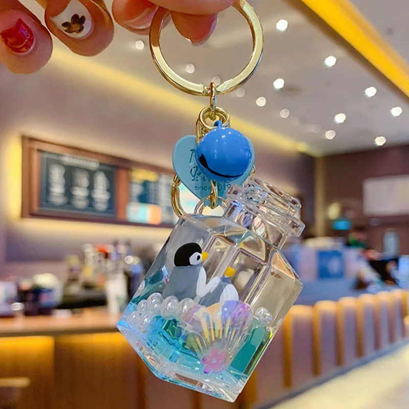Girl Cute Cartoon Liquid Boba Key Chain Lanyard Quicksand Sequin Self ...