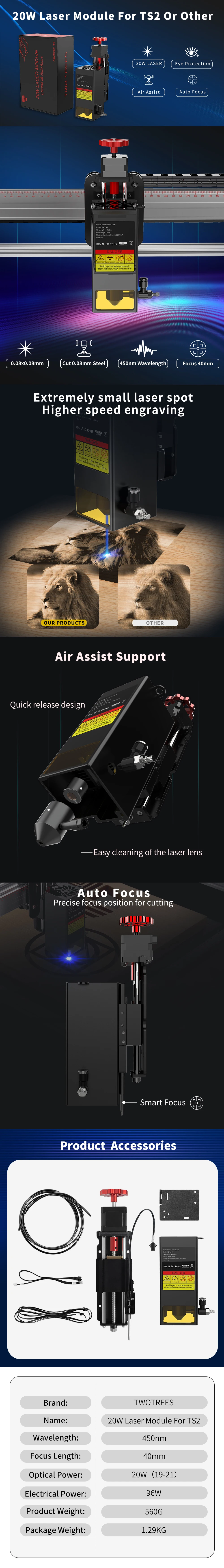 TWOTREES TS2 Laser Engraver 20W Kit - High-Accuracy Module
