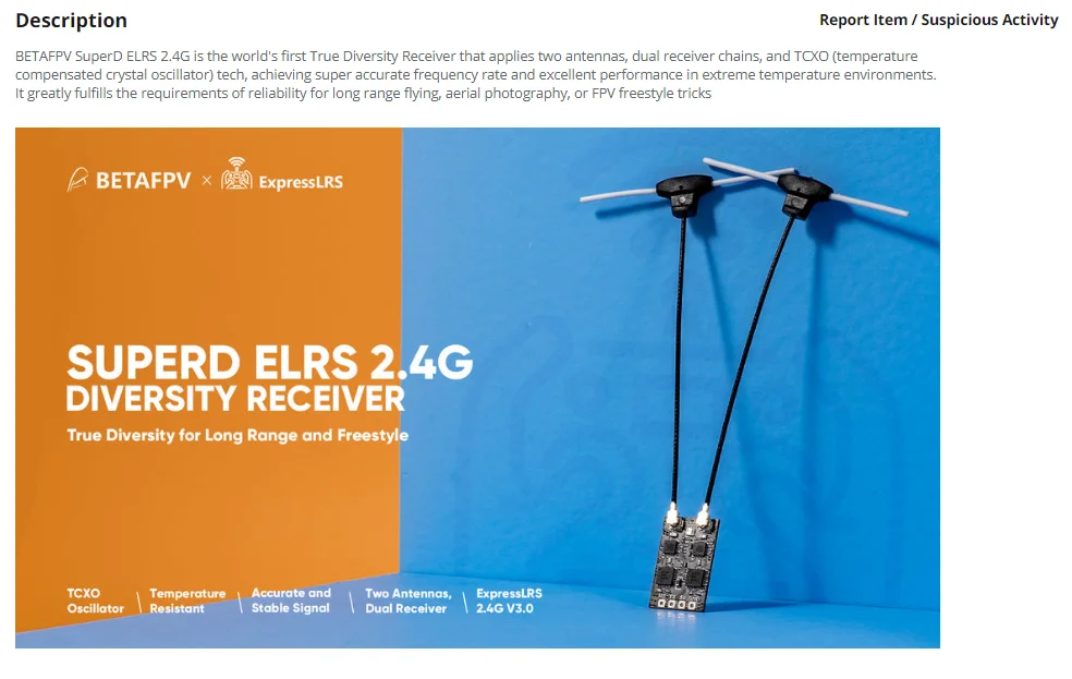 BETAFPV Superd ELRS 2.4G Diversity Receiver - Dual RX Chains