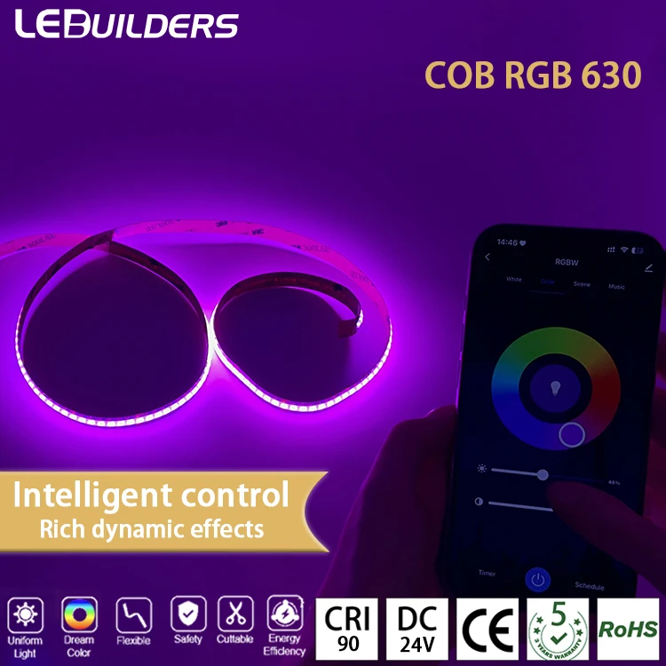 DC24V Copper 630LEDs/m COB RGB LED Strip 10mm Width 15W/m Flexible ...