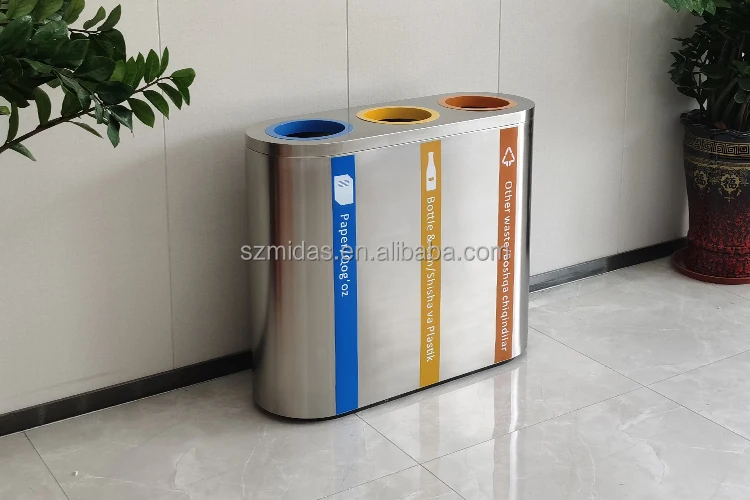 23 Gallon 3 in 1 Dustbin Recycle Waste Bin 3 Compatment Stainless Steel ...