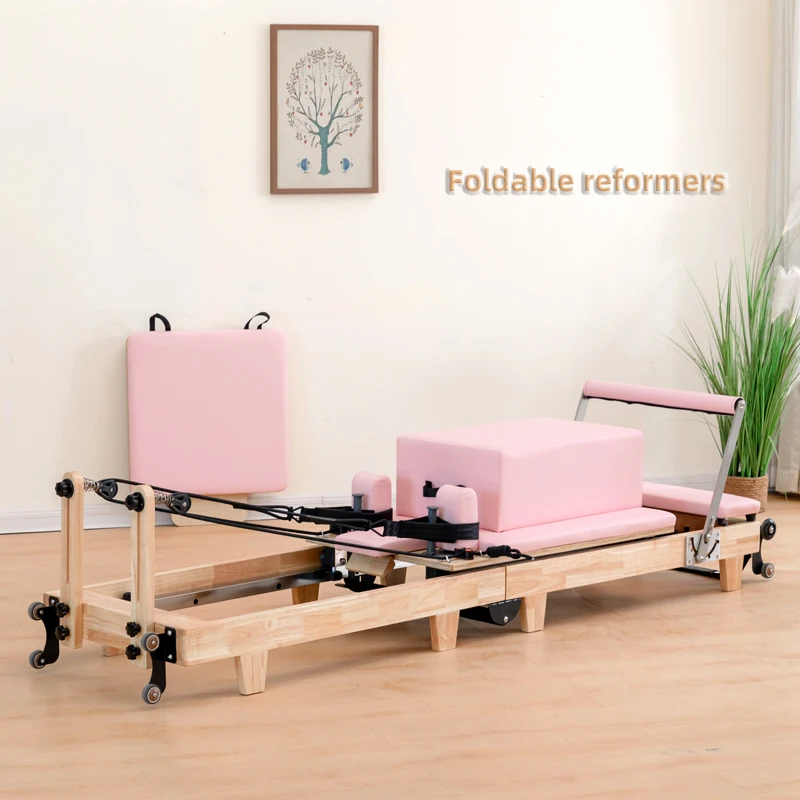 Foldable Pilates Reformer - Pink Solid Wood Fitness Equipment