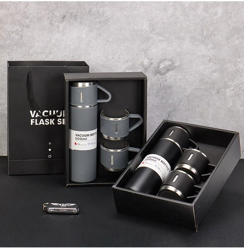 Custom Double Wall Stainless Steel Vacuum Flask Gift Set with 3 Lids ...