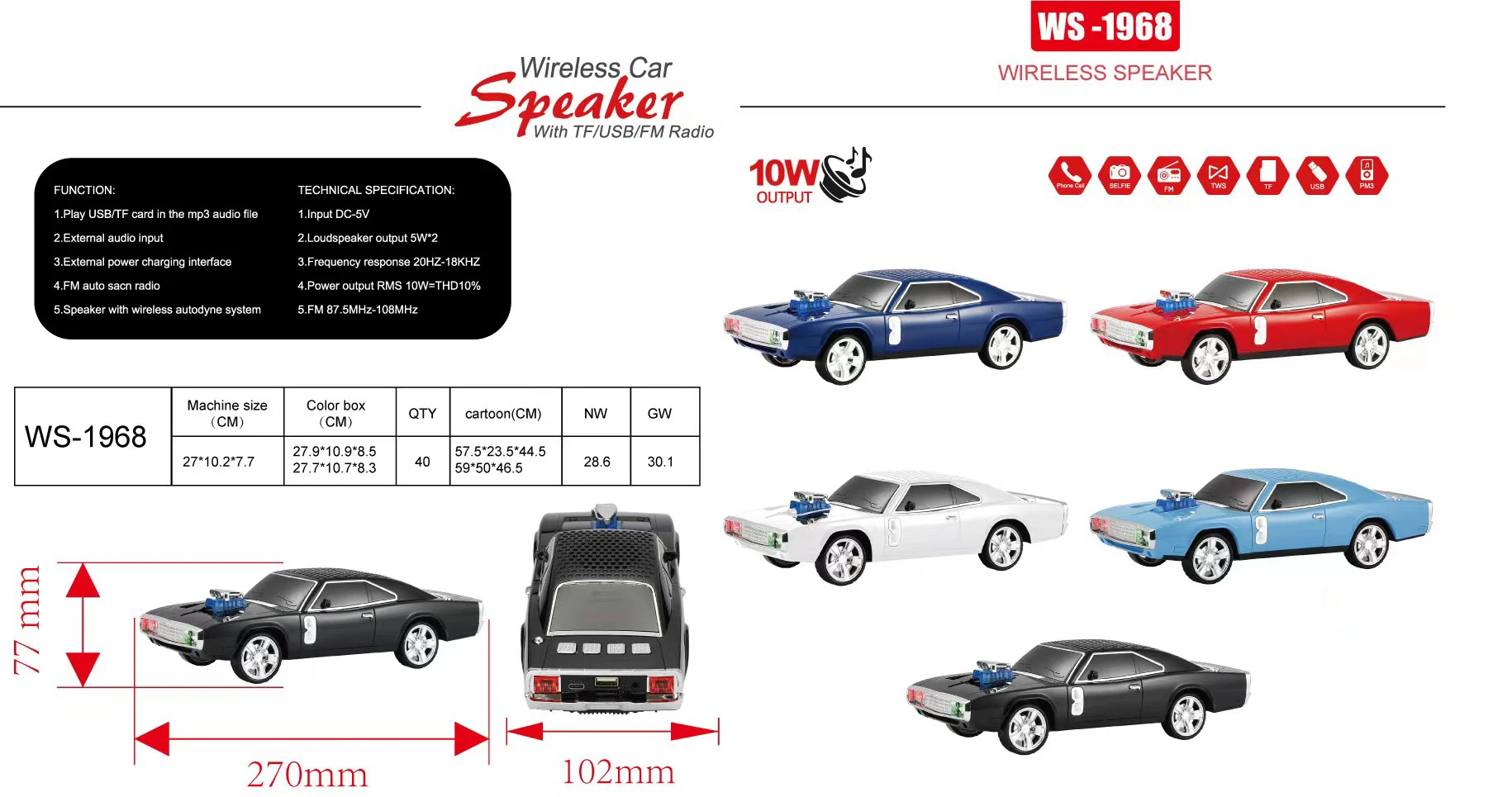 WS-1968 1500mah 1970 Challenger Car Shaped Wireless Sound System