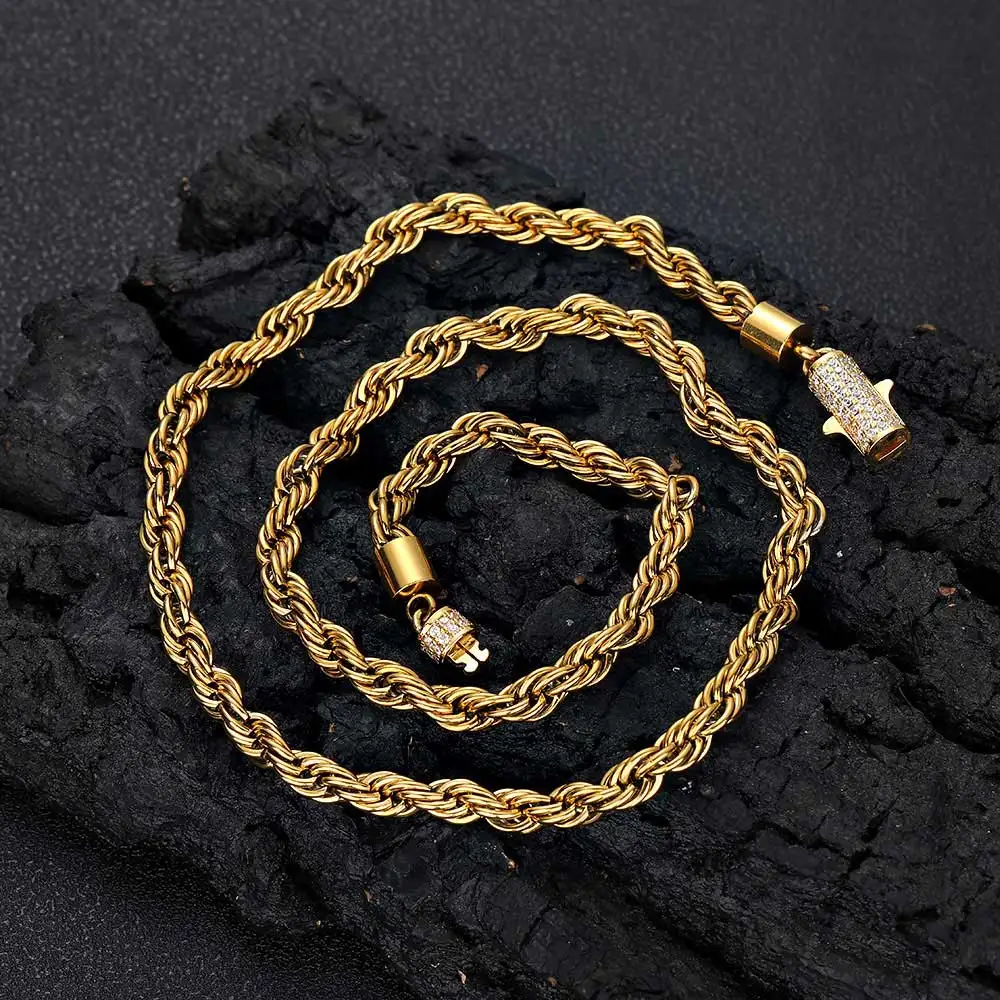 NUOYA 6mm Iced Out Clasp Rope Chain - 18k Gold Plated