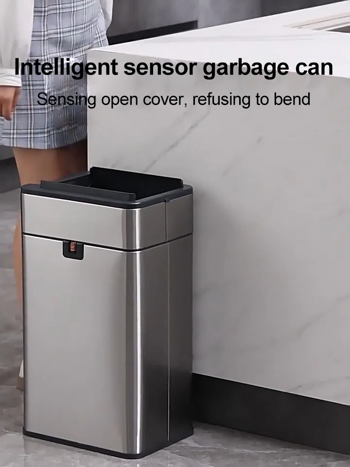 50L Stainless Steel Smart Trash Can With Lid Touchless Sensor Garbage ...