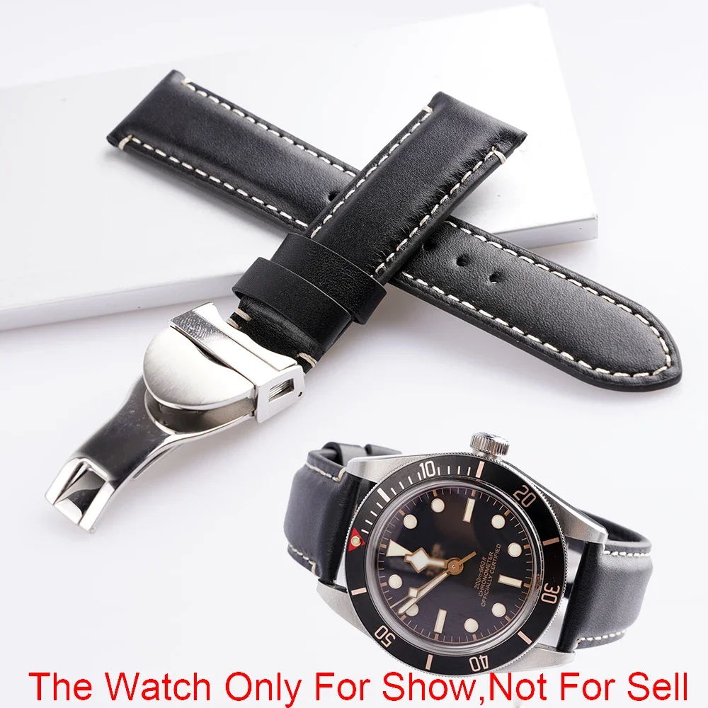 20mm 22mm Black Genuine Leather Replacement Wrist Watch Band With ...