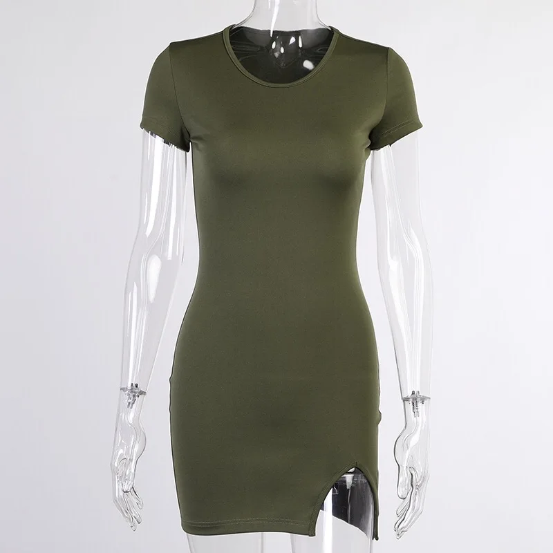 Short Sleeve Slit Micro Mini Dresses For Women Sexy Solid Bodycon Dress ...