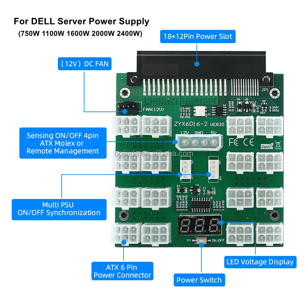 16 Ports 12V PCI-E 6pin Server Power Supply Breakout Board
