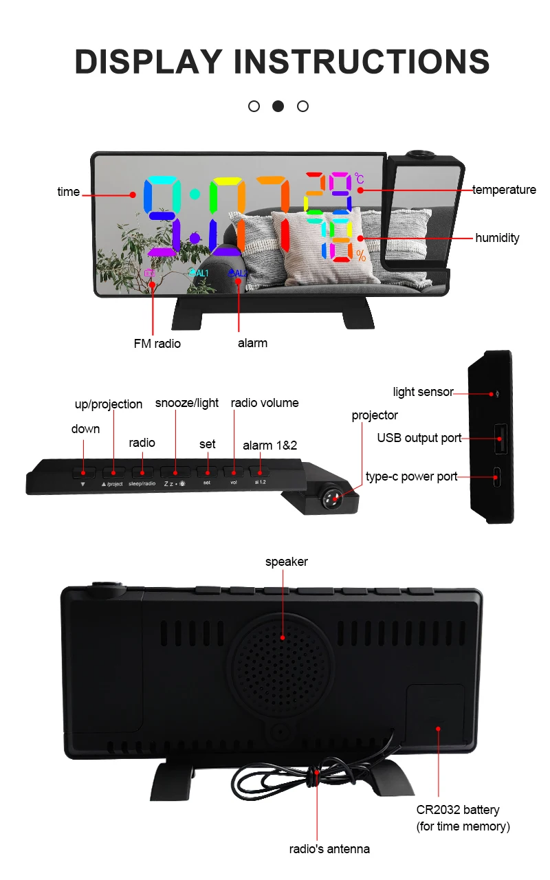 Luxury Design Rgb Light Larger Display Laser Projection Fm Radio Clocks ...