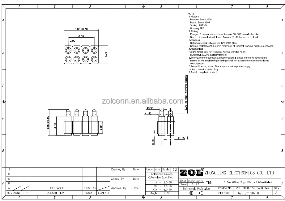 2.0 Pitch Dual Rows 2x4 8 Pins SMT Type Pogo Pin Connectors