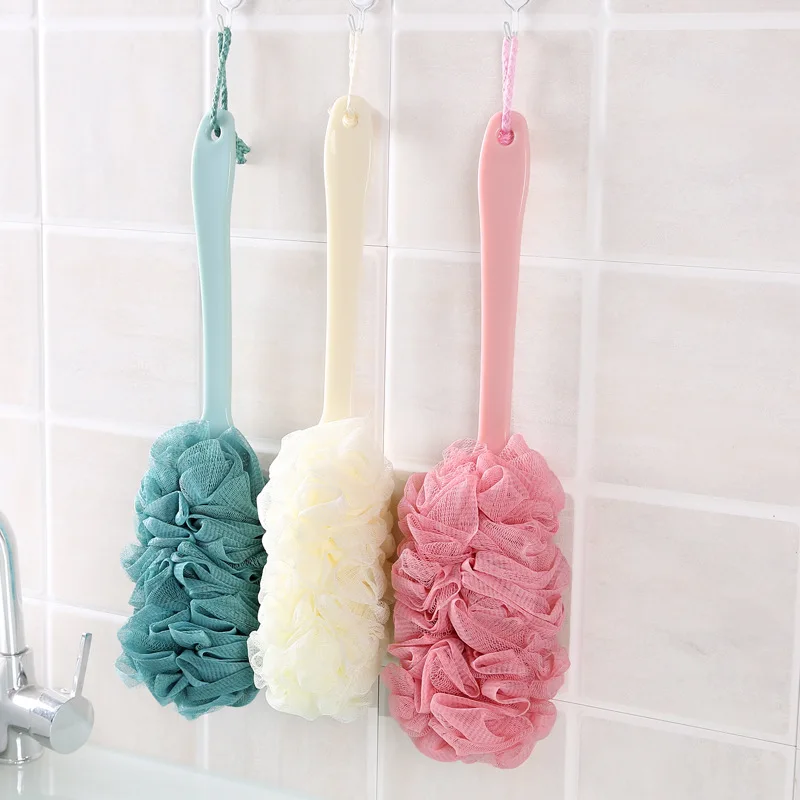puff mesh bath sponge with plastic long handle PE net body exfoliating ...