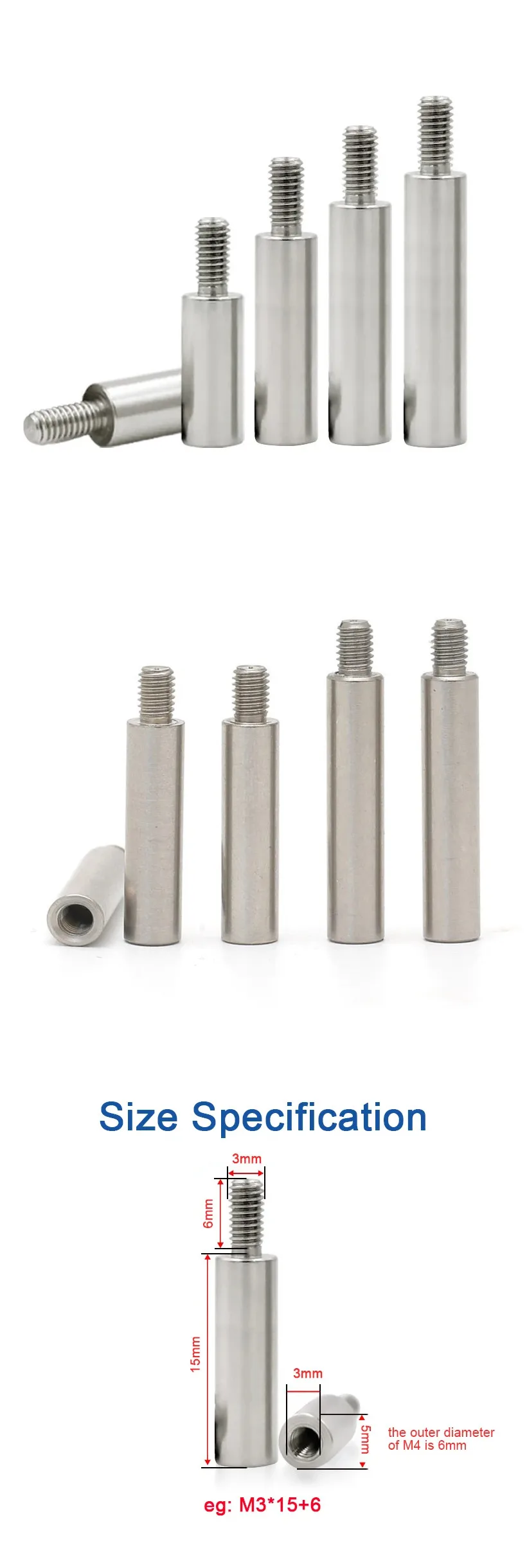 M3 M4 6mm Thread Length 304 Stainless Steel Hex Standoff Male to Female ...