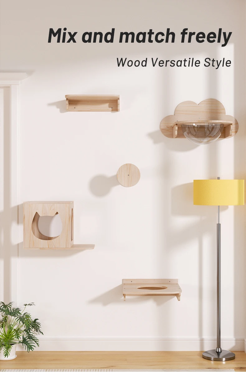 Solid Wood Indoor Wall Mount Furniture Cat Tree House with Hammock ...