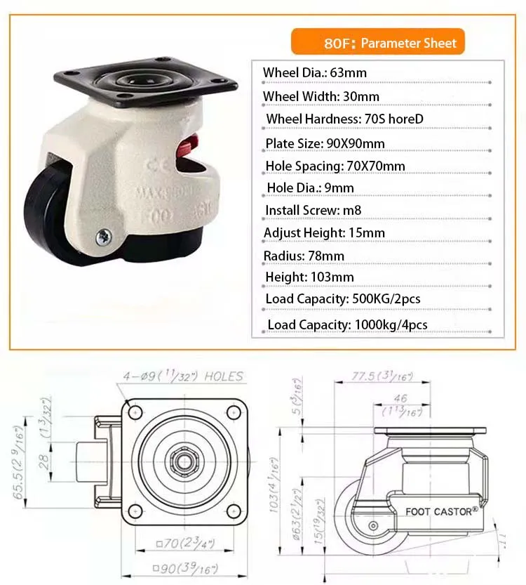 Foot Master Heavy Duty Retractable Leveling Nylon Castors