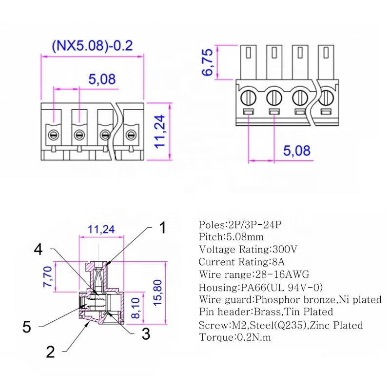 5.08mm Pitch Terminal Block 4pin Right Angle Vertical Plug In Male Female 5.08 Pluggable ...