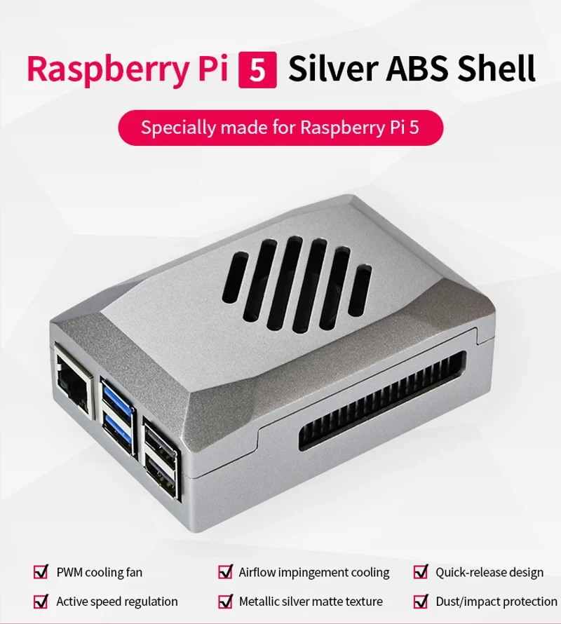 Raspberry Pi 5 Abs Case Silvery Shell With Pwm Speed Adjustable Cooling ...