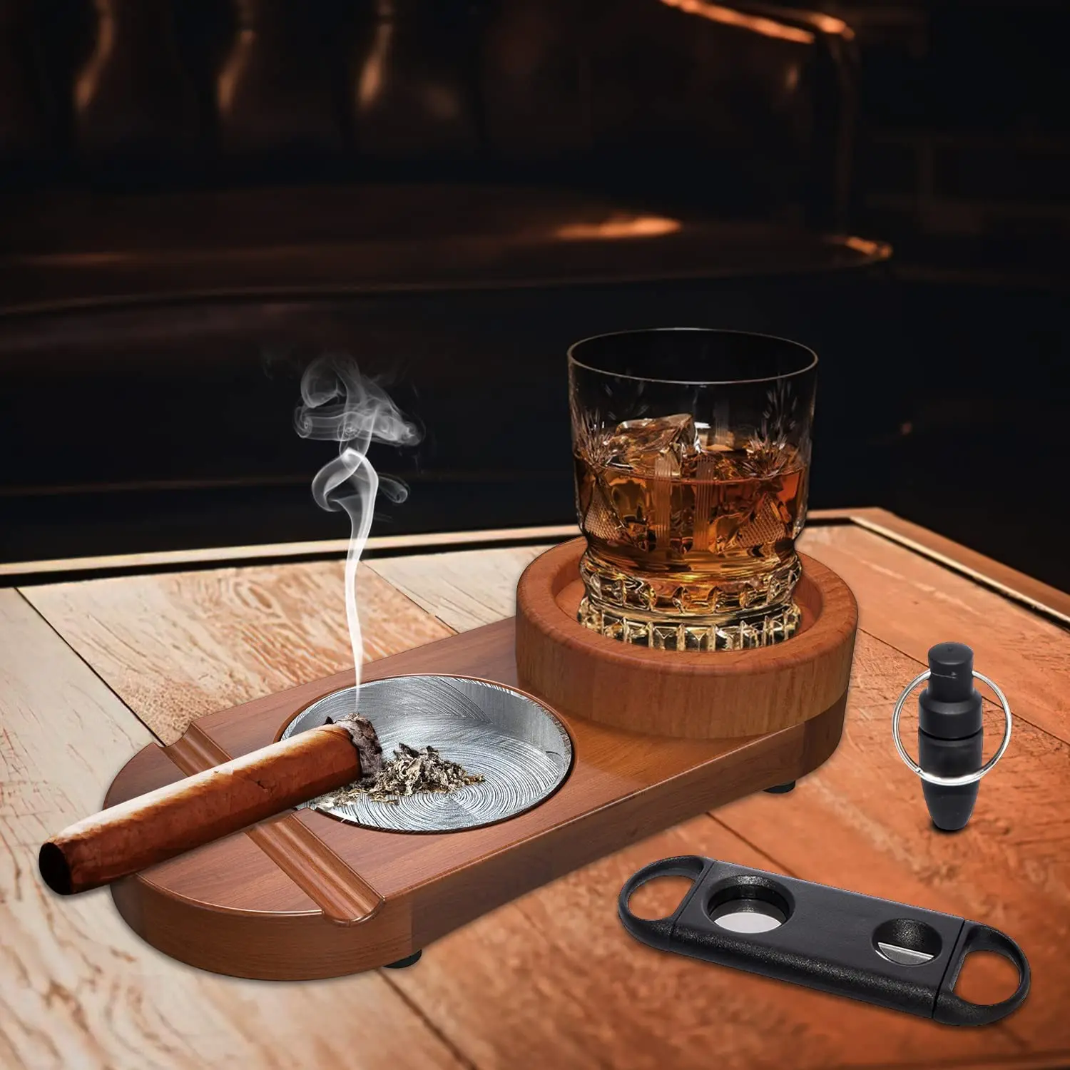 Whiskey Serving Tray with Ashtray & Cigar Cutters