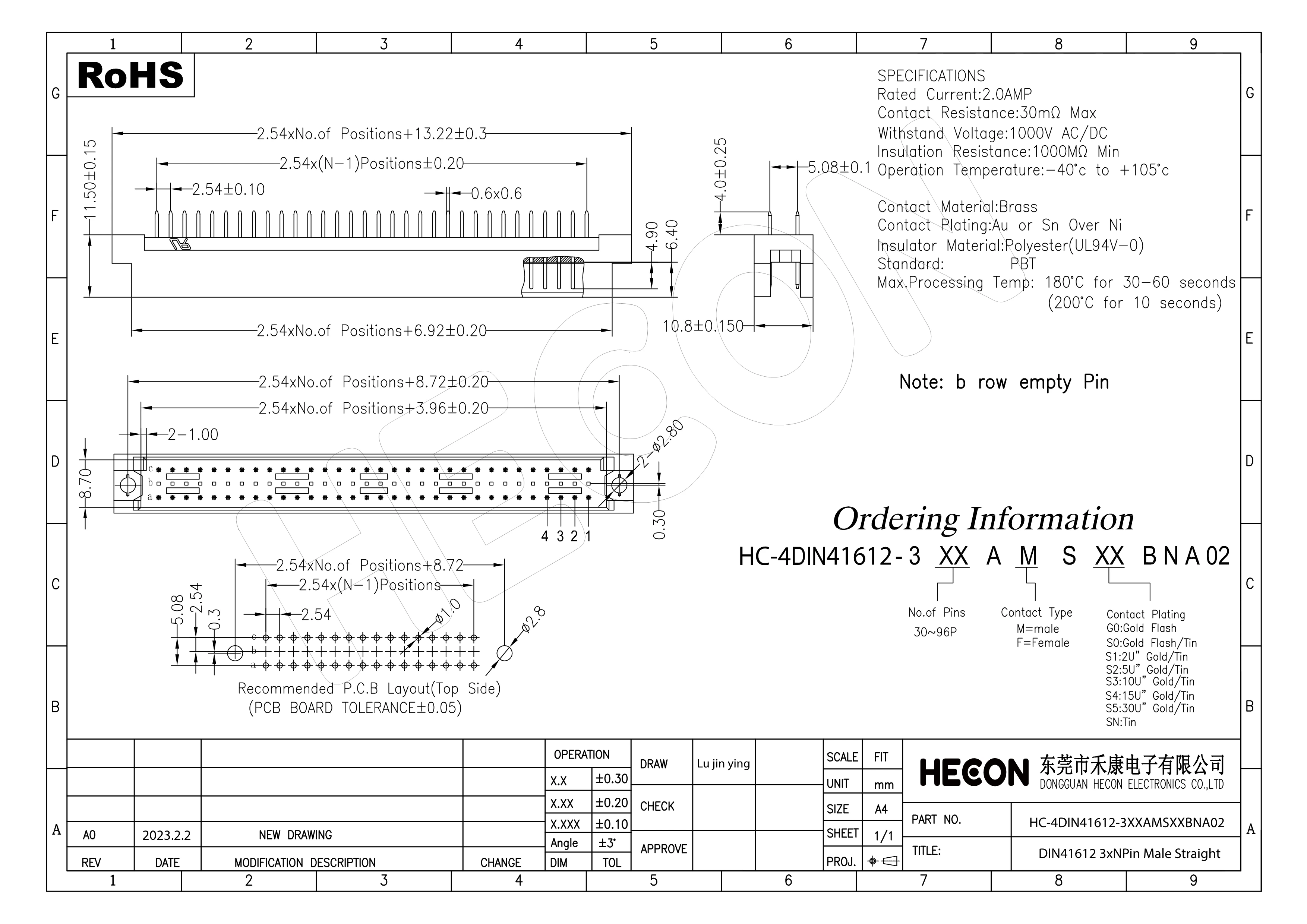 Din41612 Connector 2.54mm Pitch Three Row 32p 48p 64p 96p Male Straight B Row Empty Pin Din41612 ...