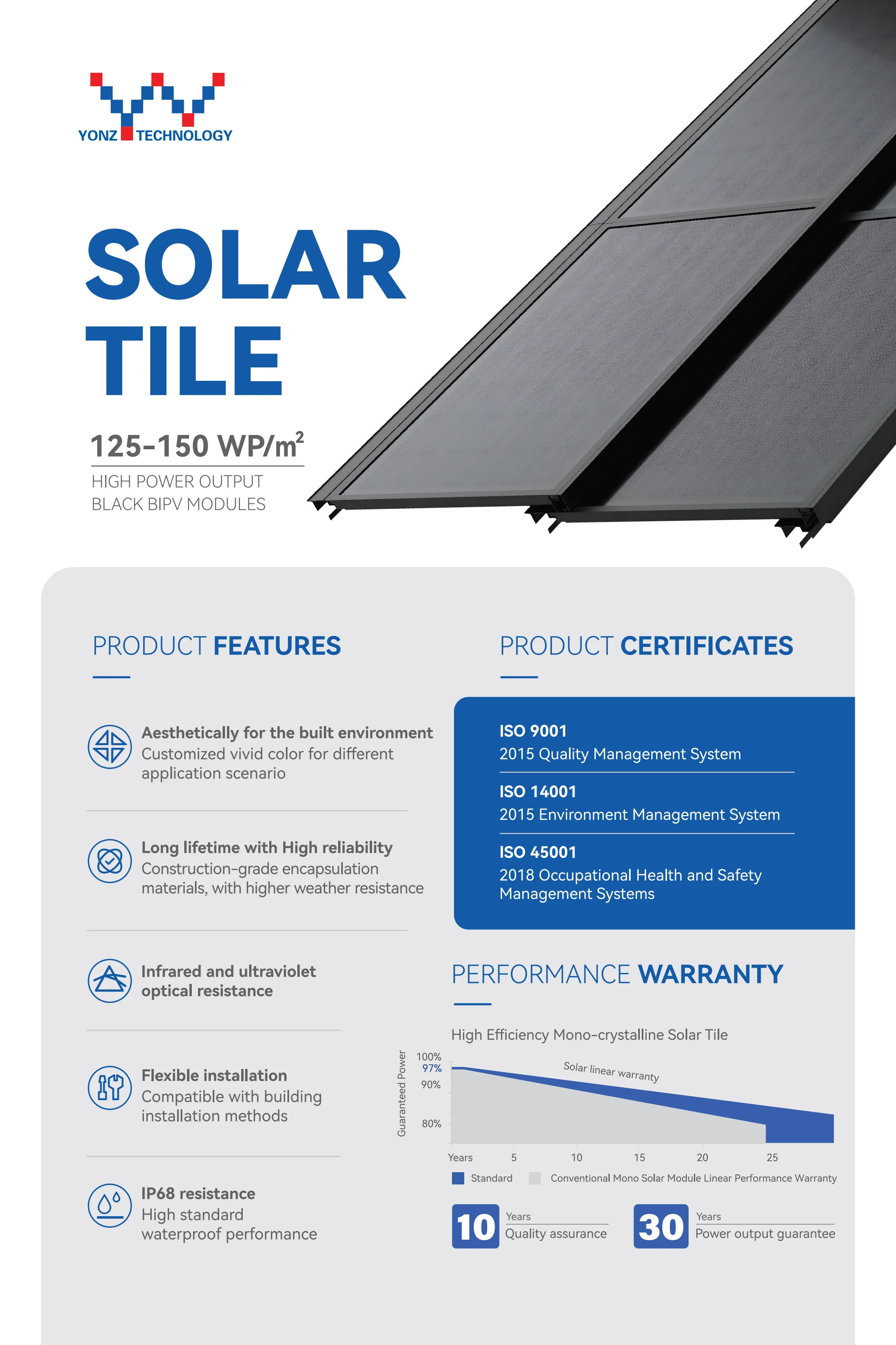 Yonz Customersized Photovoltaic Solar Roof Tiles 50w 60w 70w 75w Solar ...