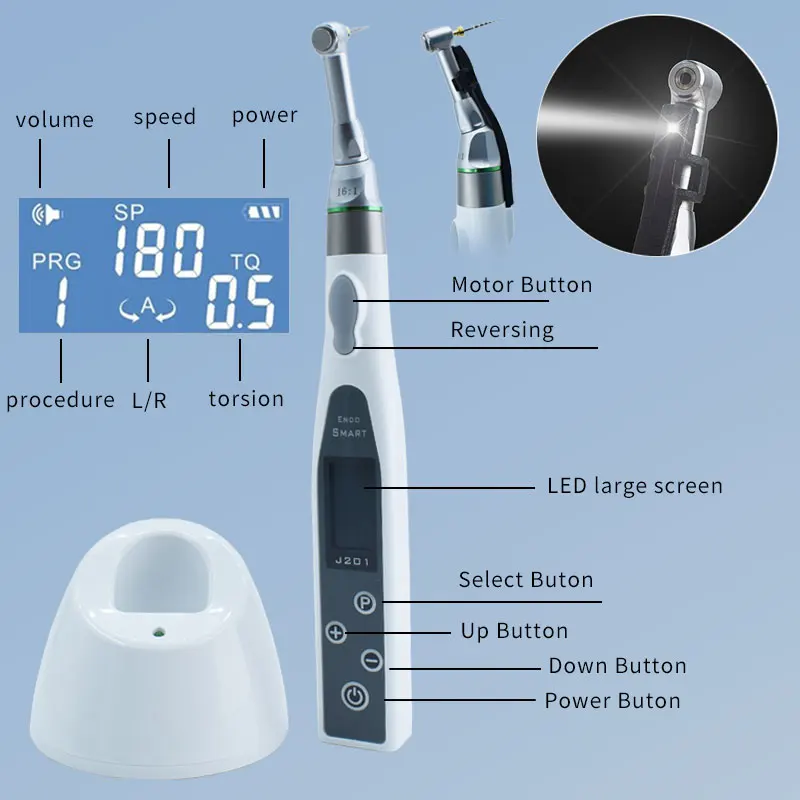 Dental Wireless Endo Motor with LED Light 16:1 Standard Contra Angles 9 ...