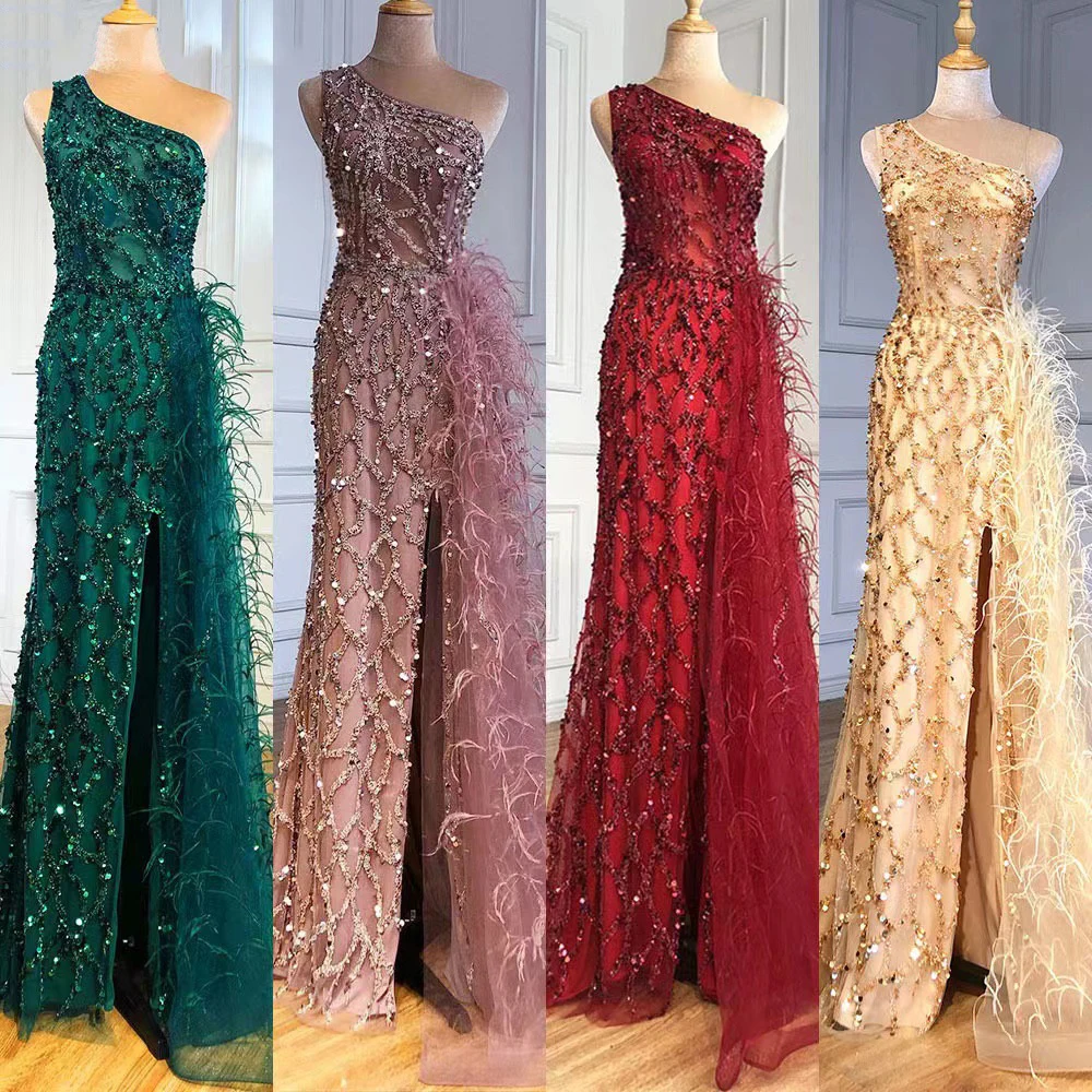 Slanted Shoulder Sequined Sleeveless Evening Dresses High Waist Slit ...